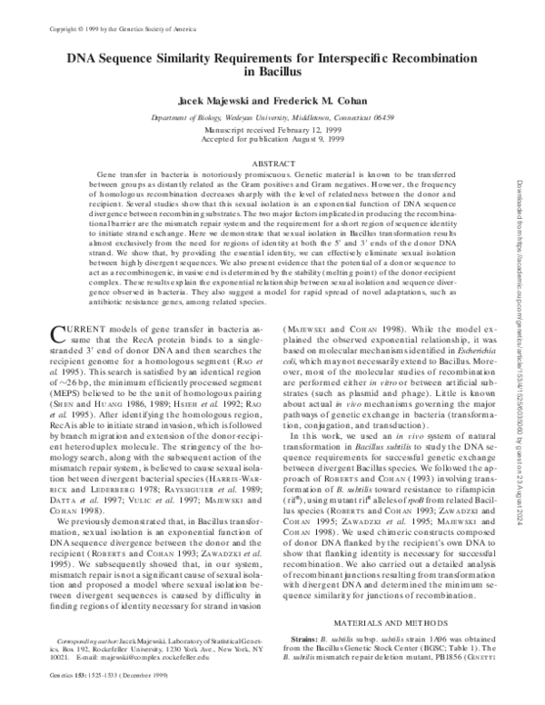 (PDF) DNA Sequence Similarity Requirements for Interspecific Recombination in Bacillus