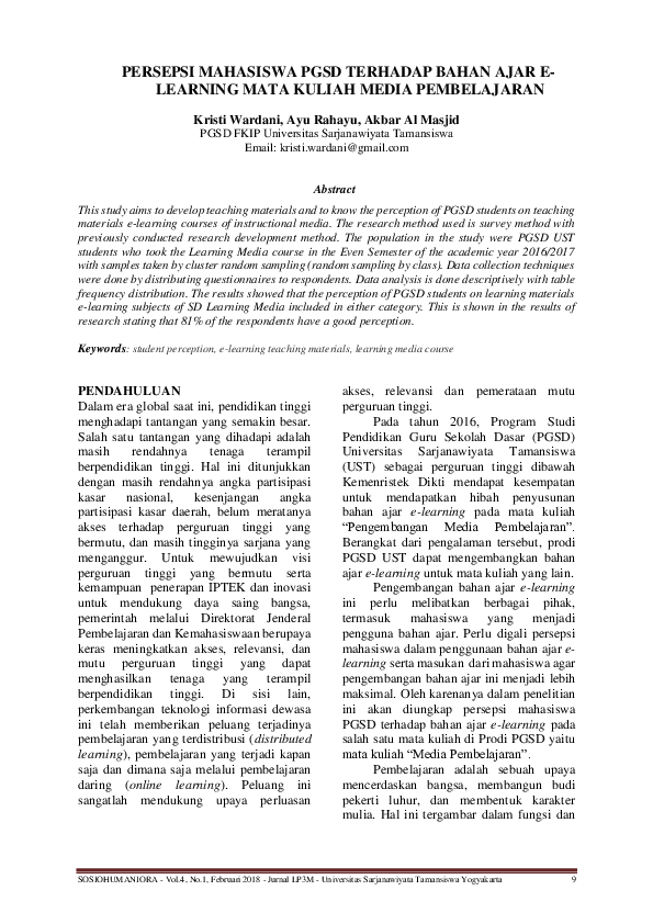 (PDF) Persepsi Mahasiswa PGSD Terhadap Bahan Ajar E-Learning Mata Kuliah Media Pembelajaran