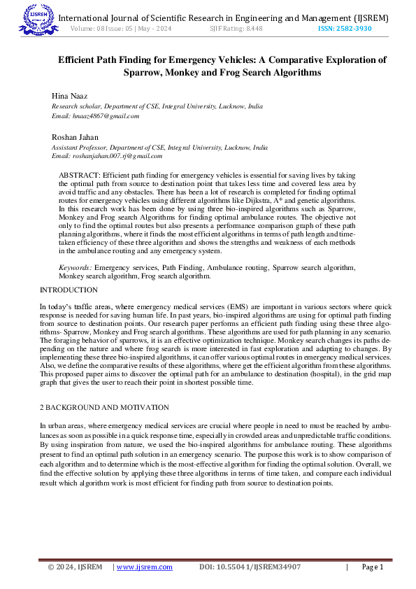 (PDF) Efficient Path Finding for Emergency Vehicles: A Comparative Exploration of Sparrow ...