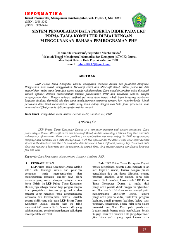 (PDF) Sistem Pengolahan Data Peserta Didik Pada LKP Prima Tama Komputer Dumai Dengan Menggunakan ...
