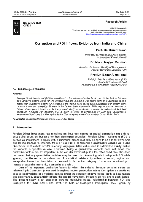 (PDF) Corruption and FDI Inflows: Evidence from India and China