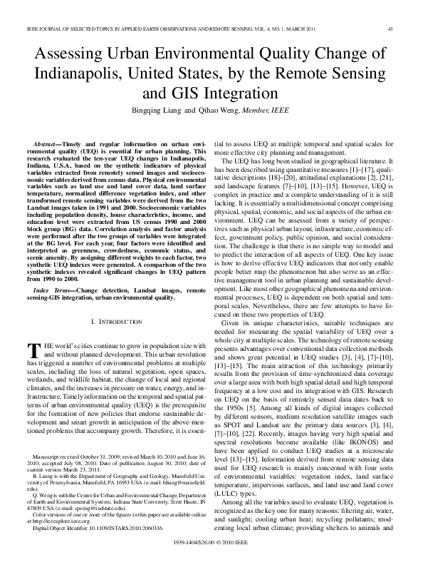 Assessing Urban Environmental Quality Change of Indianapolis, United ...