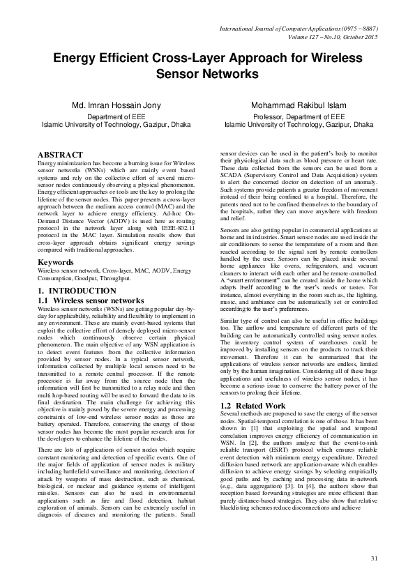(PDF) Energy Efficient Cross-Layer Approach for Wireless Sensor Networks