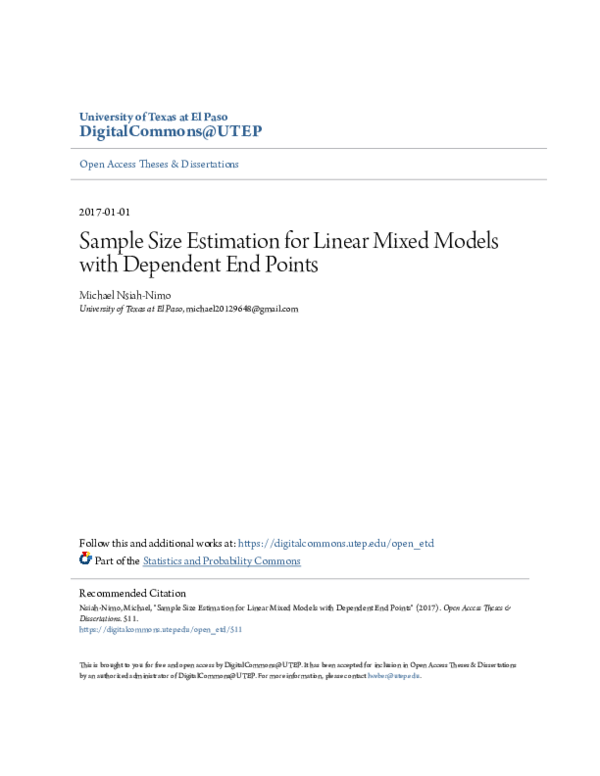 Pdf Sample Size Estimation For Linear Mixed Models With Dependent End