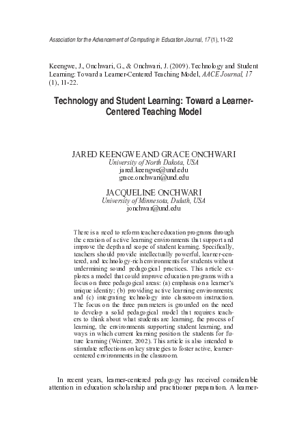 (PDF) Technology and Student Learning: Towards a Learner-Centered Teaching Model
