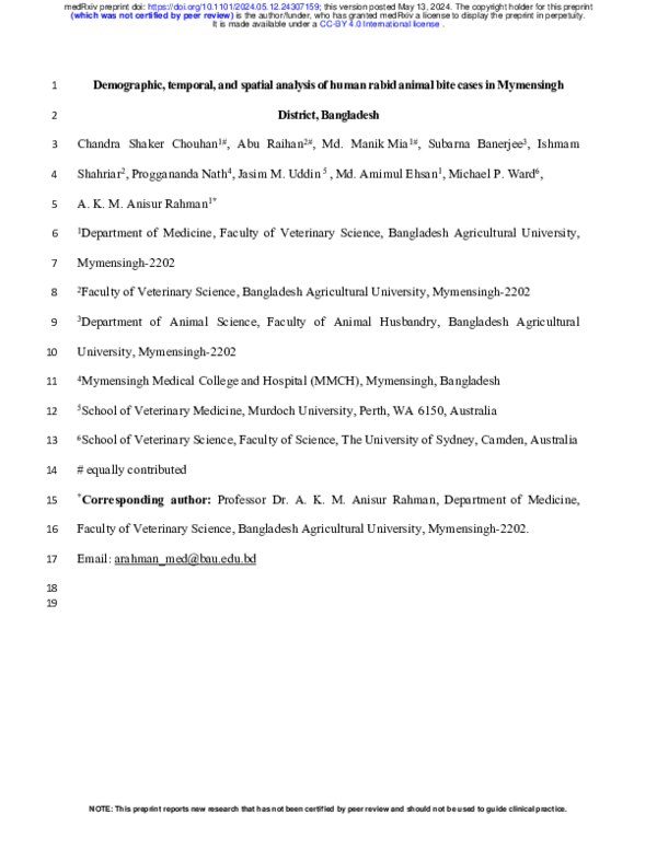 (PDF) Demographic, temporal, and spatial analysis of human rabid animal bite cases in Mymensingh ...