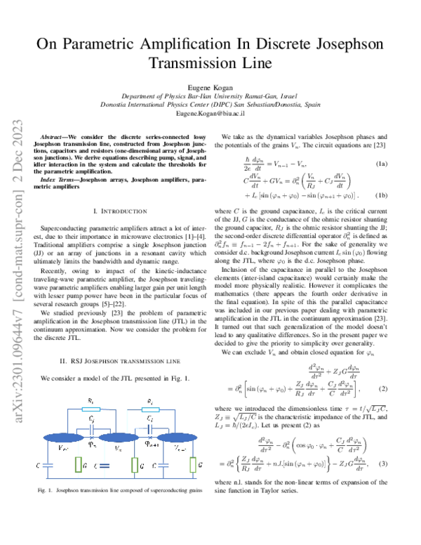 (PDF) On parametric amplification in Josephson transmission line | Eugene Kogan - Academia.edu