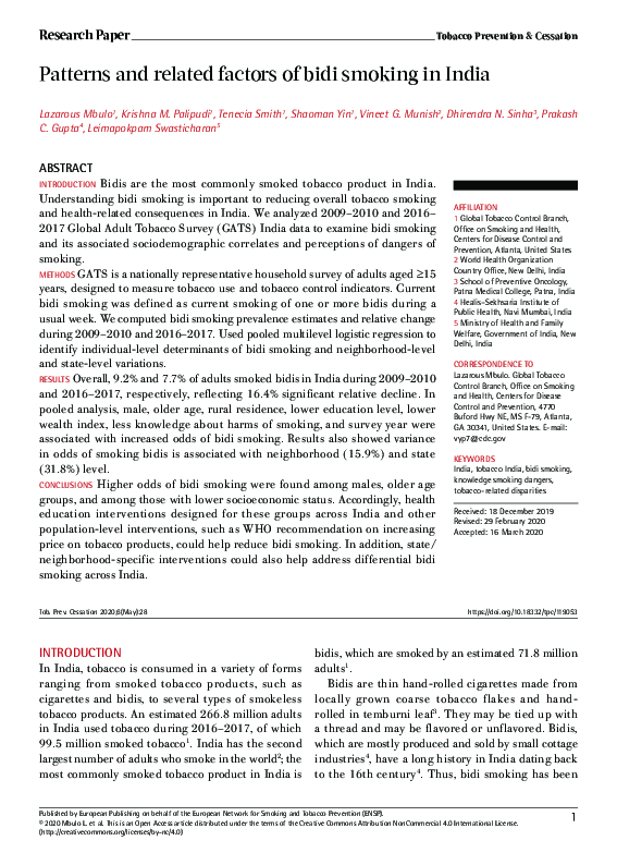 (PDF) Patterns and related factors of bidi smoking in India