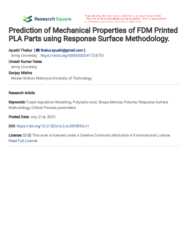 (PDF) Prediction of Mechanical Properties of FDM Printed PLA Parts using Response Surface ...