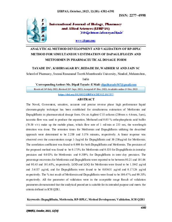 Pdf Analytical Method Development And Validation Of Rp Hplc Method For Simultaneous Estimation