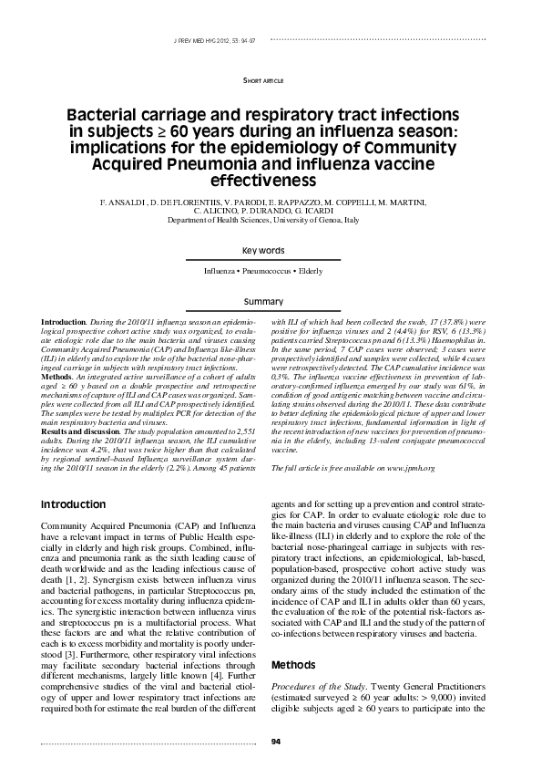 (PDF) Bacterial carriage and respiratory tract infections in subjects > or = 60 years during an ...