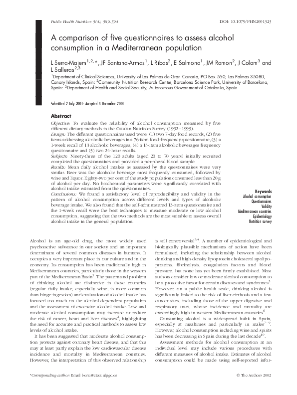 (PDF) A comparison of five questionnaires to assess alcohol consumption ...