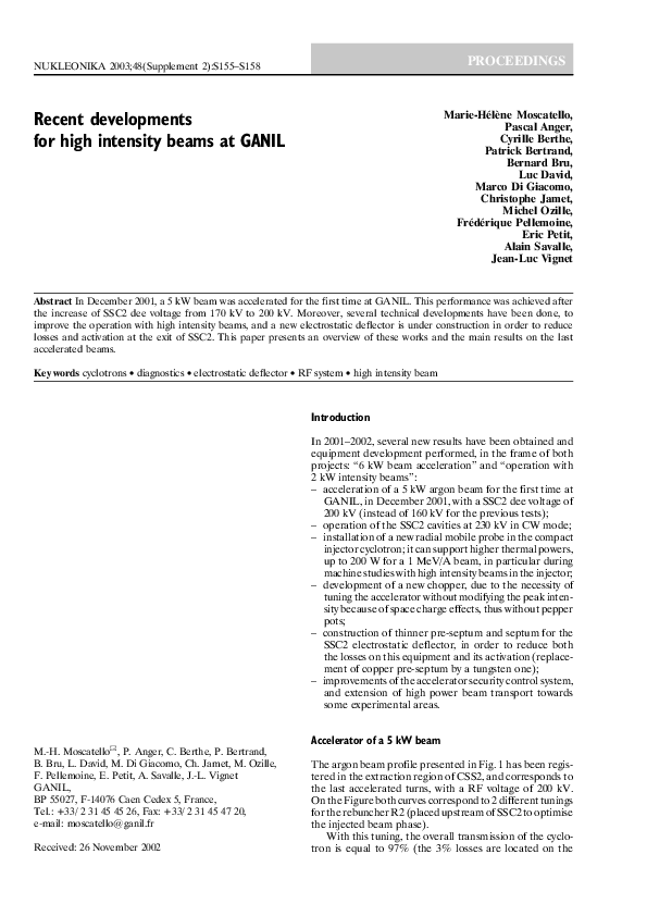 (PDF) Recent developments for high intensity beams at GANIL