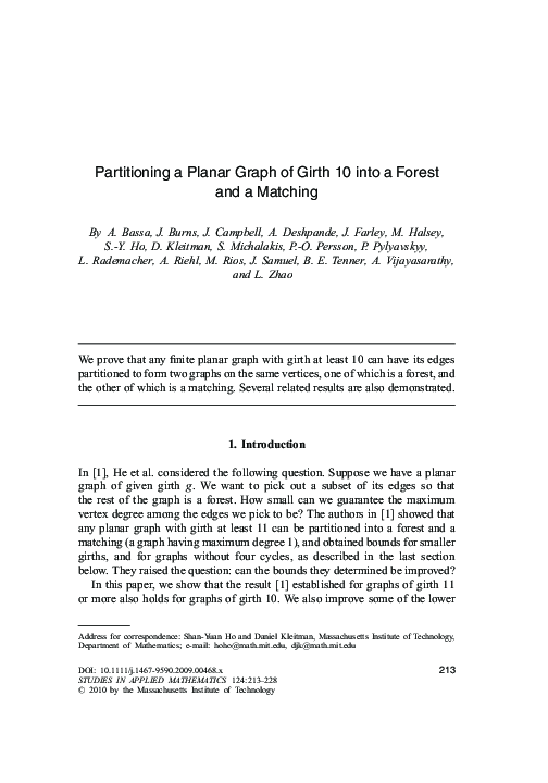 (PDF) Partitioning a Planar Graph of Girth 10 into a Forest and a Matching
