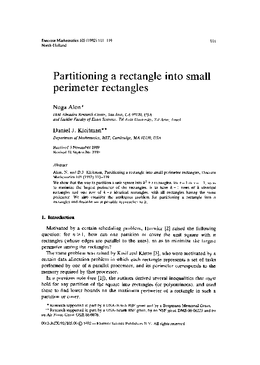 (PDF) Partitioning a rectangle into small perimeter rectangles | Daniel Kleitman - Academia.edu