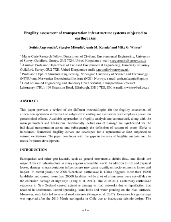 (PDF) Fragility Assessment of Transportation Infrastructure Systems ...