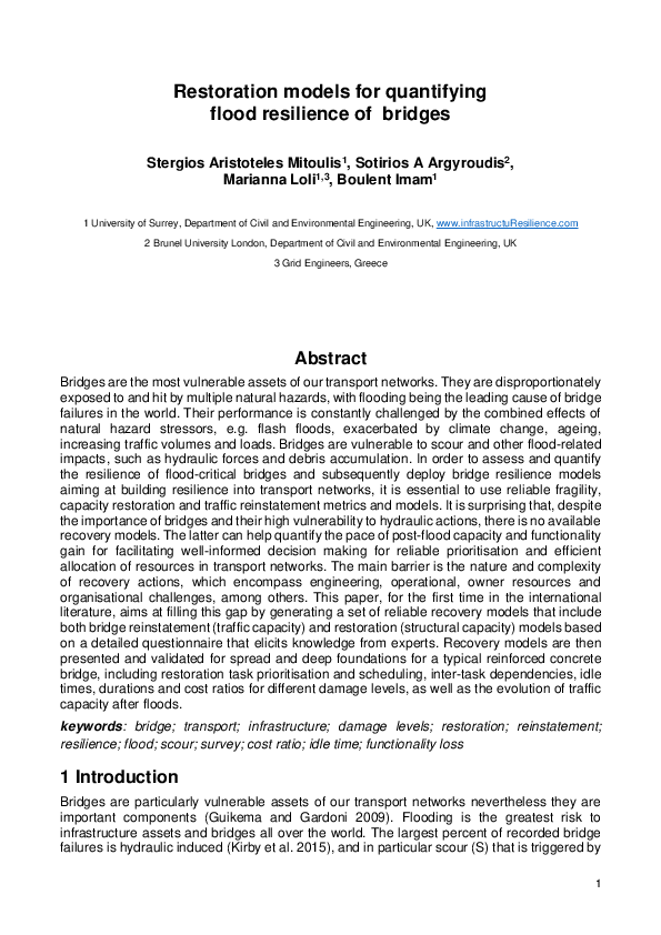 (PDF) Restoration models for quantifying flood resilience of bridges