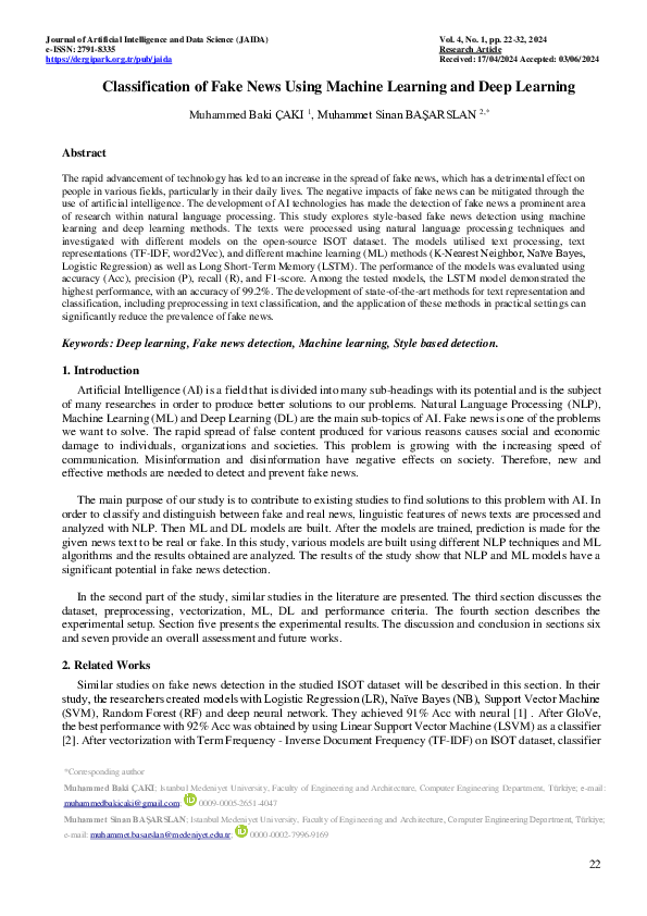 (PDF) Classification of fake news using machine learning and deep learning