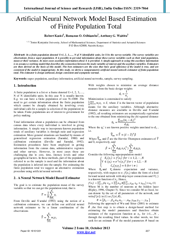 Pdf Artificial Neural Network Model Based Estimation Of Finite Population Total Robert