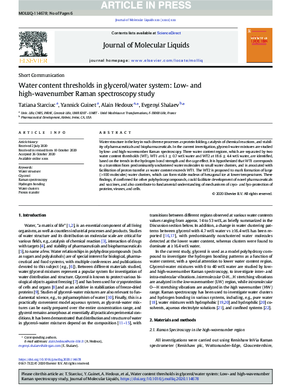 (PDF) Water content thresholds in glycerol/water system: Low- and high ...