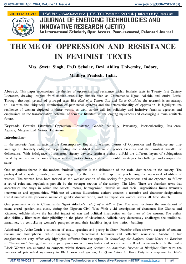 (PDF) THEME OF OPPRESSION AND RESISTANCE IN FEMINIST TEXTS