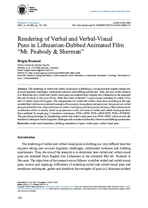 (PDF) Rendering of Verbal and Verbal-Visual Puns in Lithuanian-Dubbed ...