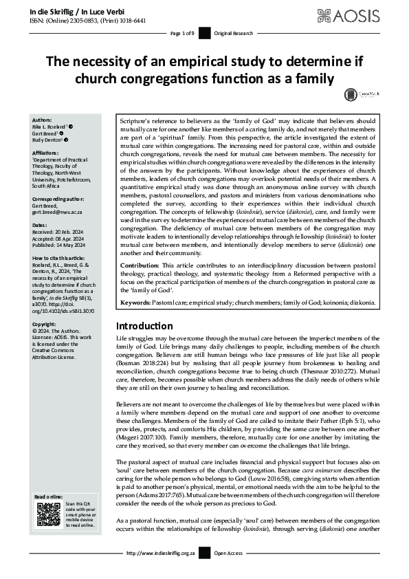 (PDF) The necessity of an empirical study to determine if church congregations function as a family