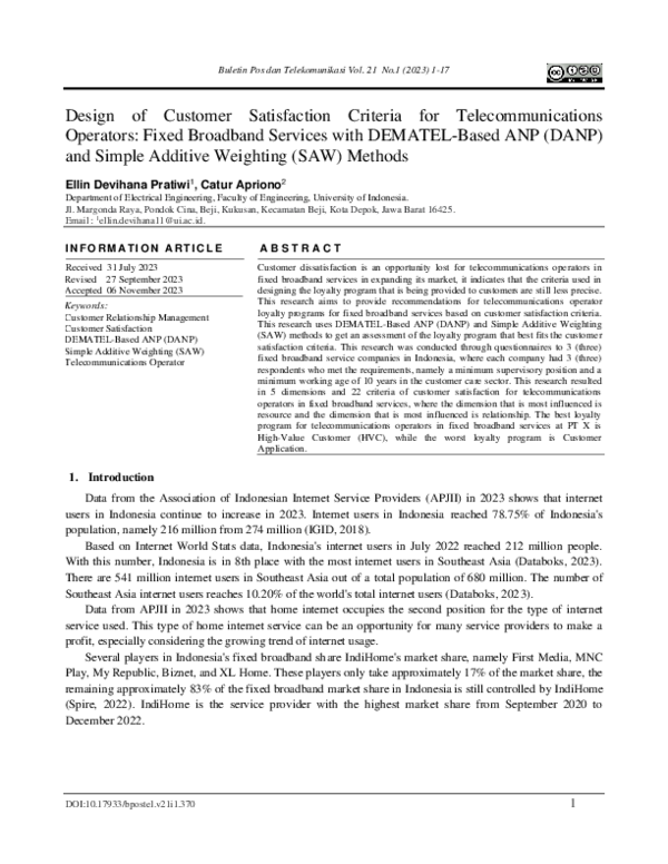 (PDF) Design of Customer Satisfaction Criteria for Telecommunications ...