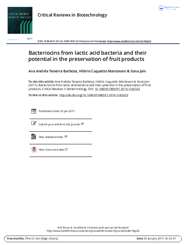 (PDF) Bacteriocins from lactic acid bacteria and their potential clinical applications
