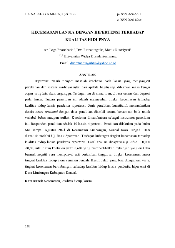 (PDF) Kecemasan Lansia Dengan Hipertensi Terhadap Kualitas Hidupnya