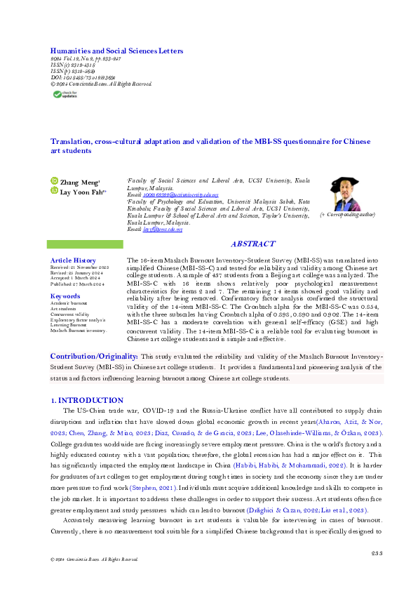 (PDF) Translation, cross-cultural adaptation and validation of the MBI-SS questionnaire for ...