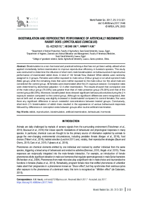 (PDF) Biostimulation and reproductive performance of artificially inseminated rabbit does ...