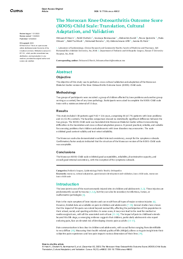 (PDF) The Moroccan Knee Osteoarthritis Outcome Score (KOOS)-Child Scale ...