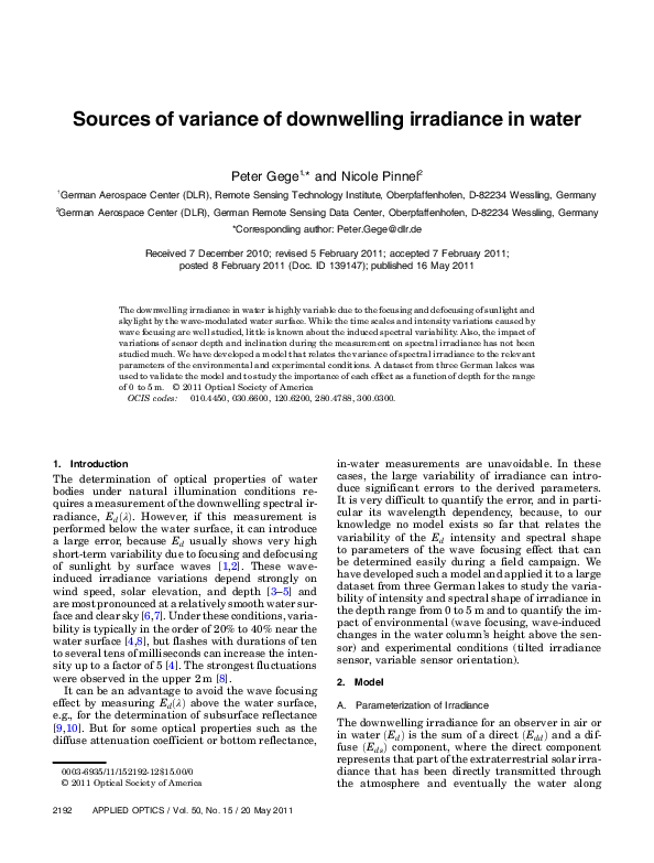 (PDF) Sources of variance of downwelling irradiance in water