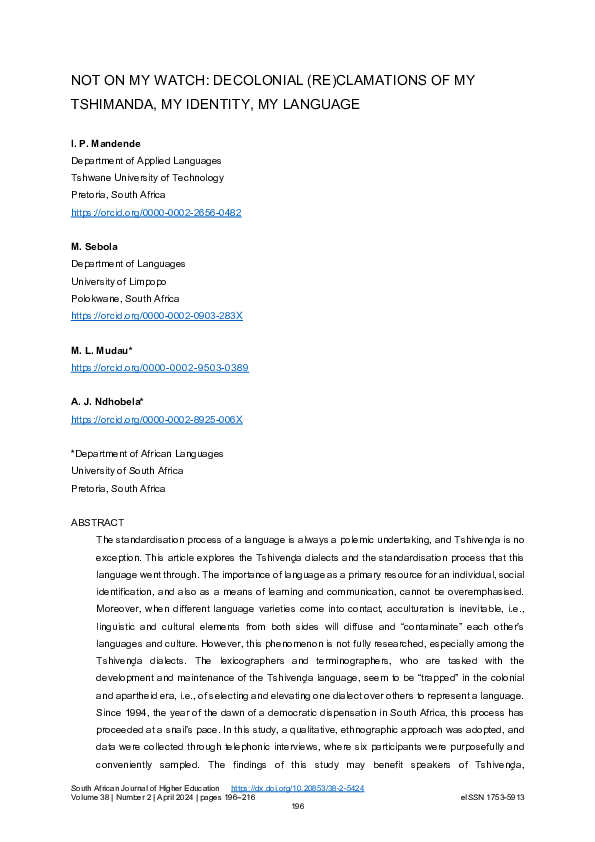 (PDF) Not on my watch: (Re)clamations of my Tshimanda, my identity, my ...