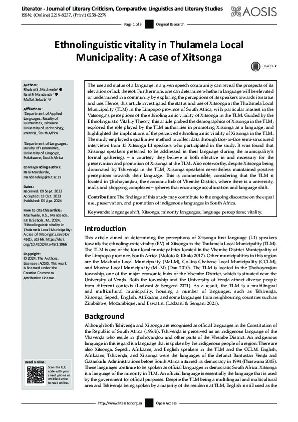 (PDF) Ethnolinguistic vitality in Thulamela Local Municipality: A case ...