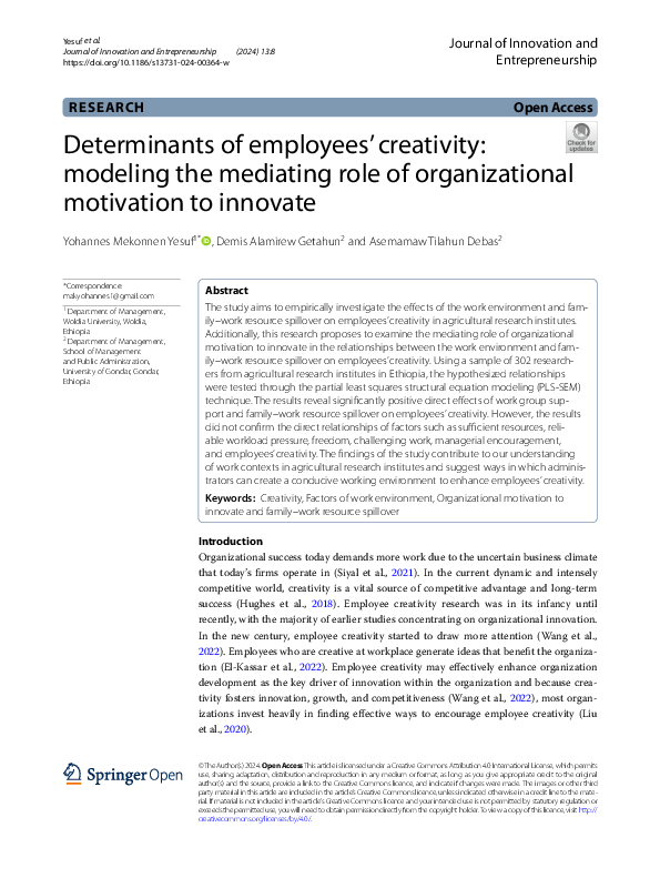 (PDF) Determinants of employees’ creativity: modeling the mediating role of organizational ...