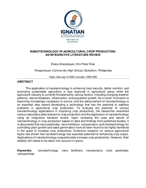 (PDF) NANOTECHNOLOGY IN AGRICULTURAL CROP PRODUCTION: AN INTEGRATIVE LITERATURE REVIEW