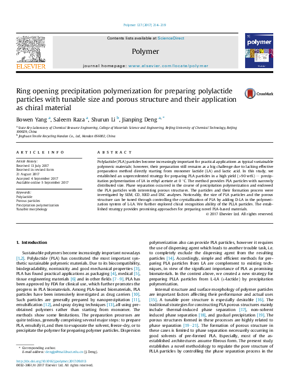 (PDF) Ring opening precipitation polymerization for preparing ...