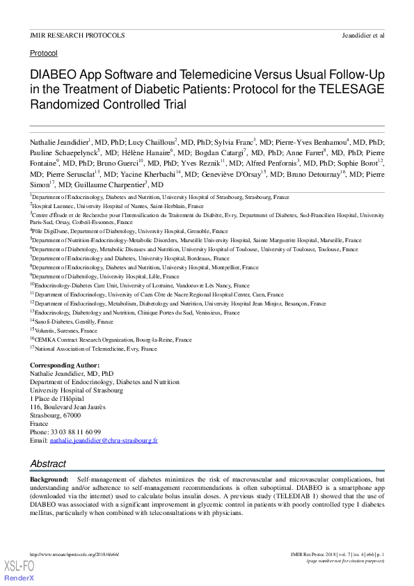 (PDF) DIABEO App Software and Telemedicine Versus Usual Follow-Up in ...