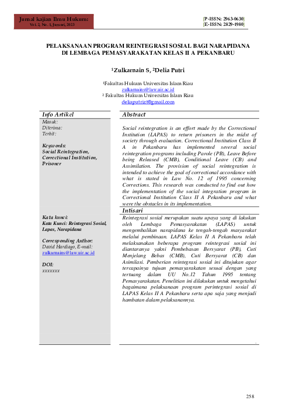 (PDF) Pelaksanaan Program Reintegrasi Sosial Bagi Narapidana DI Lembaga Pemasyarakatan Kelas II ...