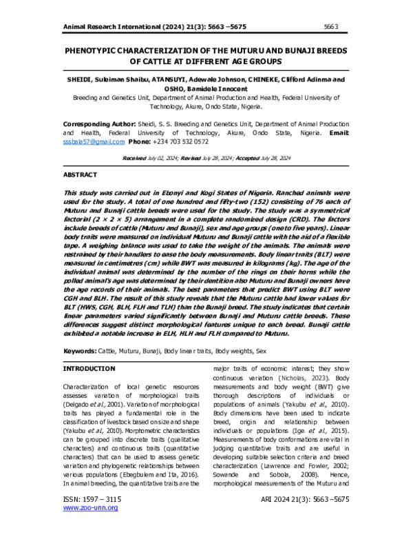 (PDF) PHENOTYPIC CHARACTERIZATION OF THE MUTURU AND BUNAJI BREEDS OF CATTLE AT DIFFERENT AGE GROUPS