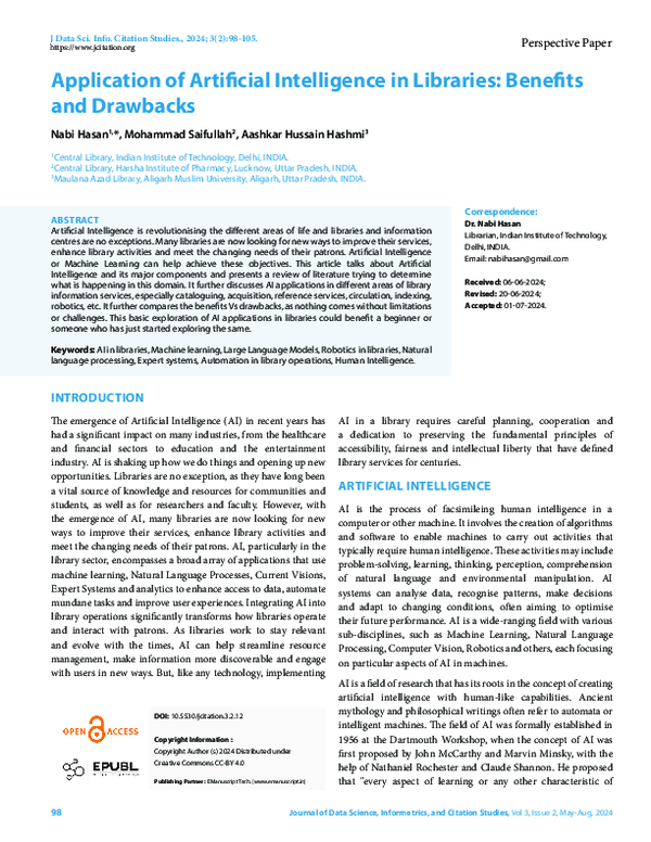 (PDF) Application of Artificial Intelligence in Libraries: Benefits and Drawbacks