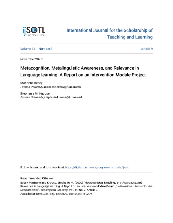 Pdf Metacognition Metalinguistic Awareness And Relevance In Language Learning A Report On
