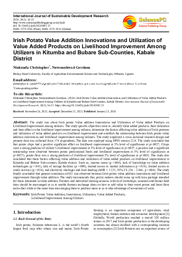 (PDF) Irish Potato Value Addition Innovations and Utilization of Value ...