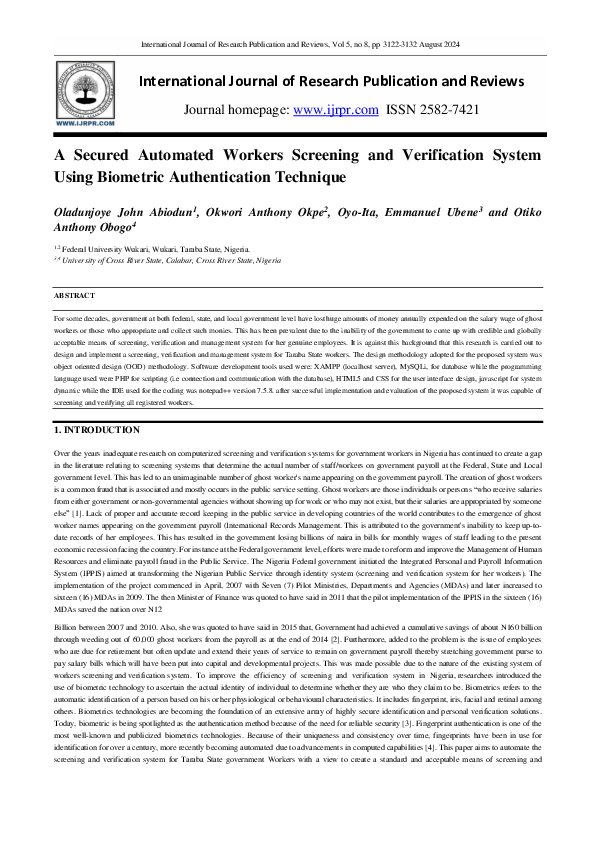 (PDF) A Secured Automated Workers Screening and Verification System Using Biometric ...