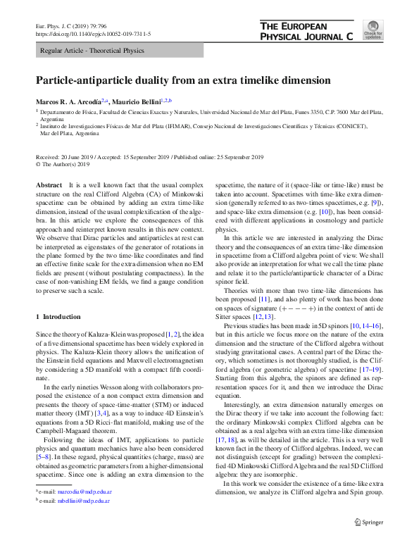 (PDF) Particle-antiparticle duality from an extra timelike dimension | Mauricio Bellini ...
