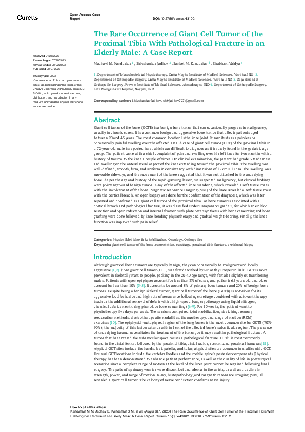 (PDF) The Rare Occurrence of Giant Cell Tumor of the Proximal Tibia ...