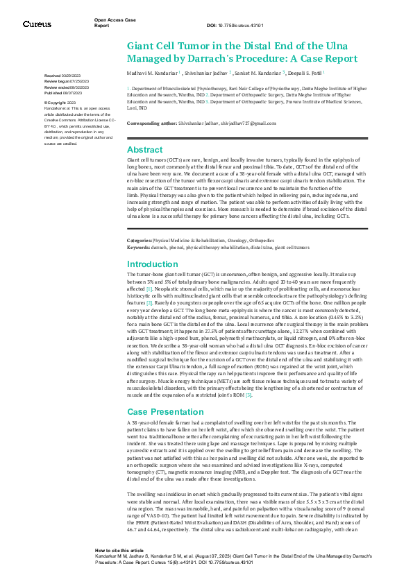 (PDF) Giant Cell Tumor in the Distal End of the Ulna Managed by Darrach ...