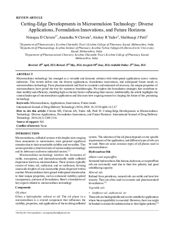 (PDF) Cutting-Edge Developments in Microemulsion Technology: Diverse ...